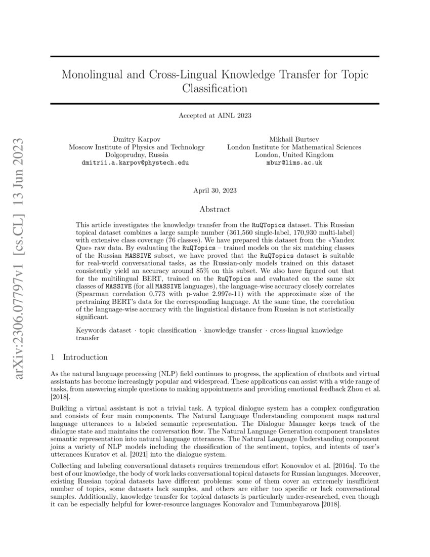 Monolingual and Cross-Lingual Knowledge Transfer for Topic Classification | DeepAI