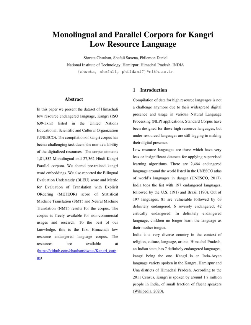 Monolingual and Parallel Corpora for Kangri Low Resource Language | DeepAI