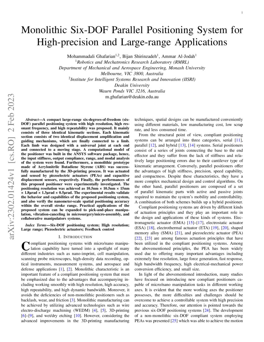 Monolithic Six Dof Parallel Positioning System For High Precision And