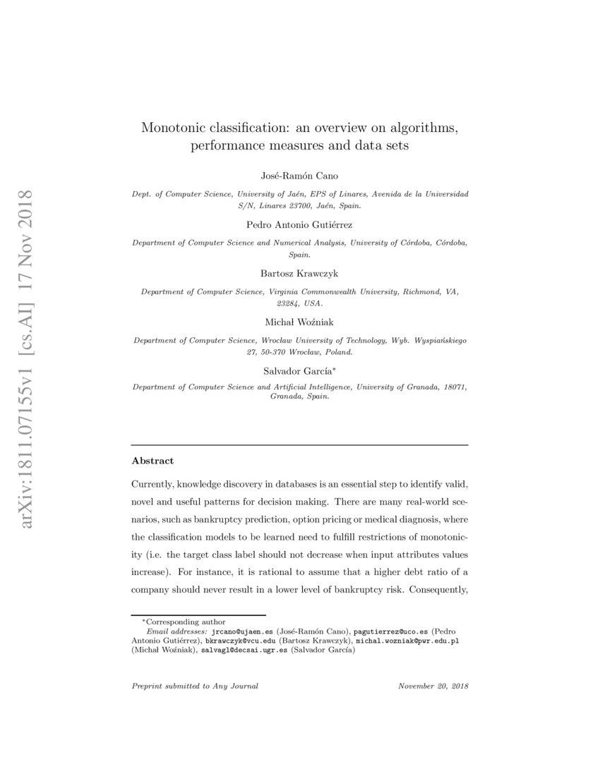 Monotonic Classification An Overview On Algorithms Performance