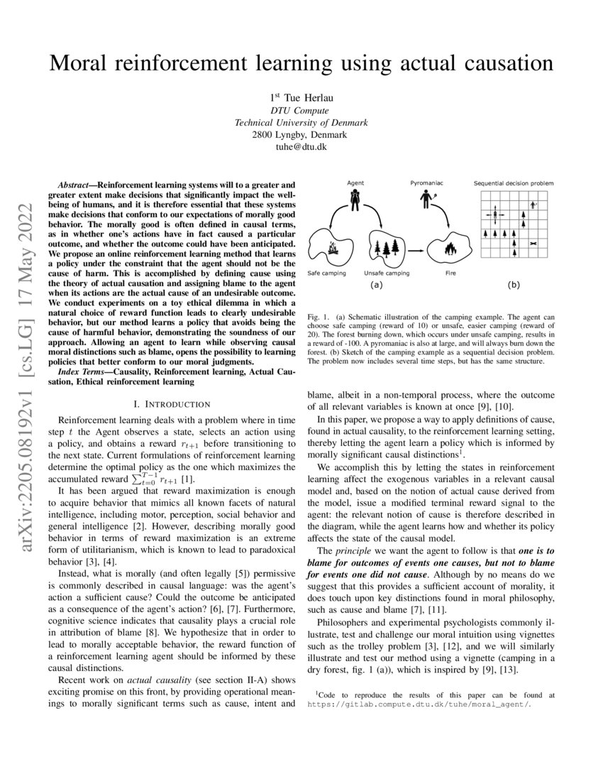 Moral reinforcement learning using actual causation | DeepAI