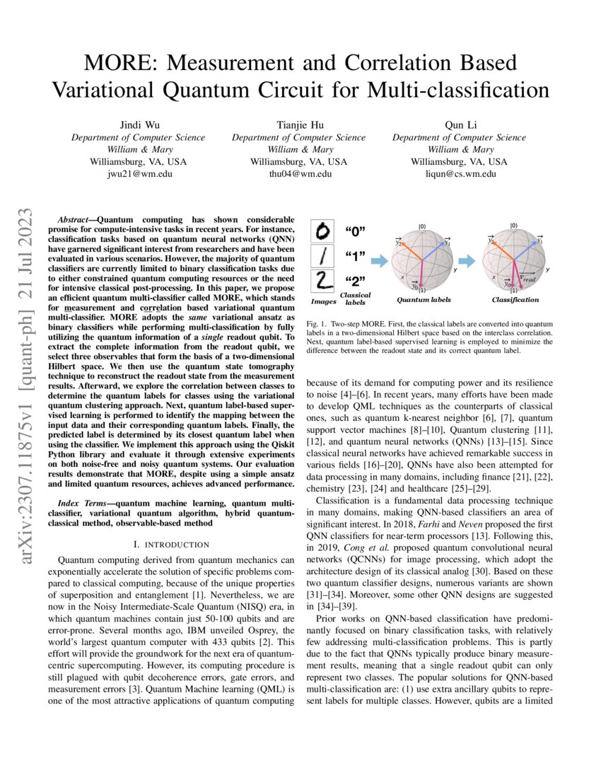 MORE: Measurement and Correlation Based Variational Quantum Circuit for Multi-classification ...