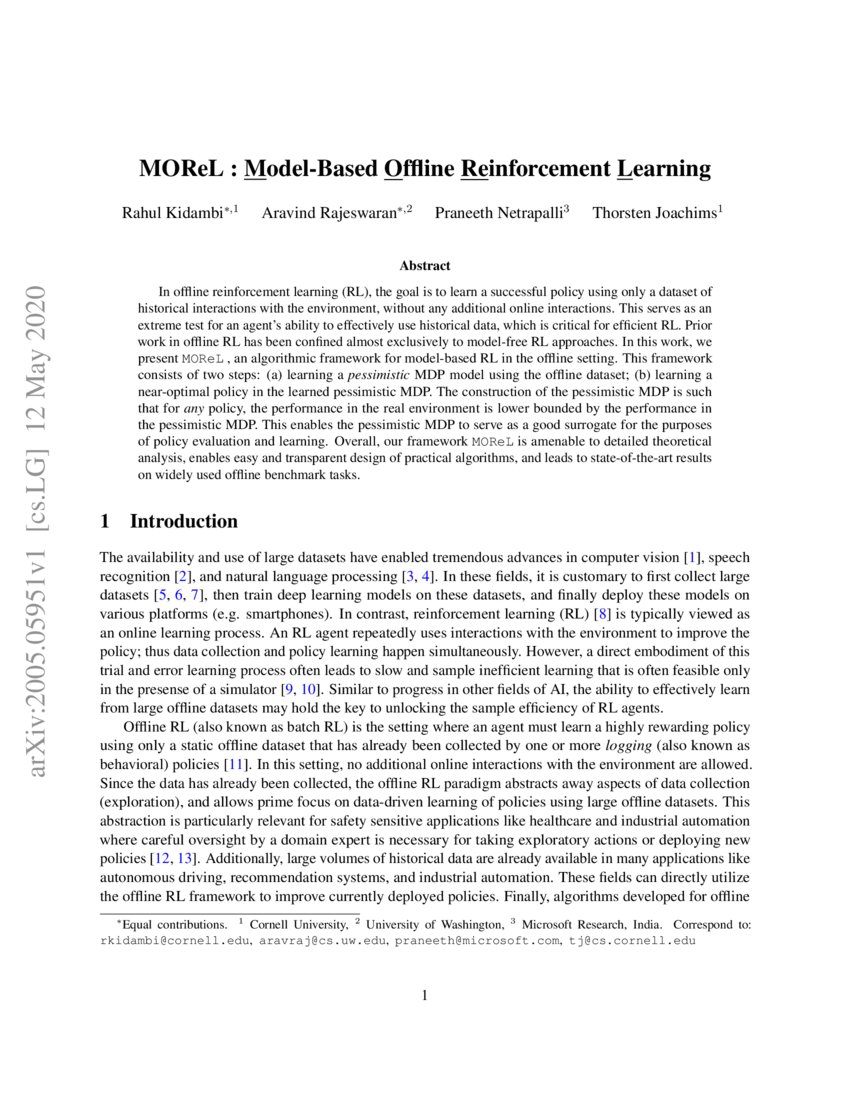 MOReL : Model-Based Offline Reinforcement Learning | DeepAI