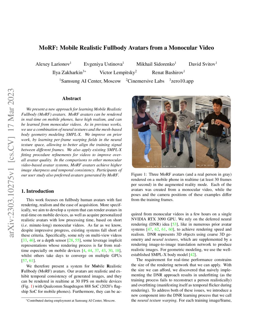 MoRF: Mobile Realistic Fullbody Avatars from a Monocular Video | DeepAI