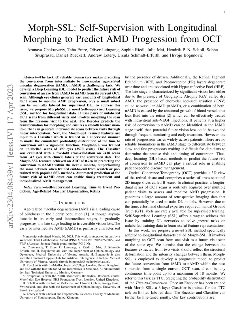 Morph-SSL: Self-Supervision with Longitudinal Morphing to Predict AMD Progression from OCT | DeepAI