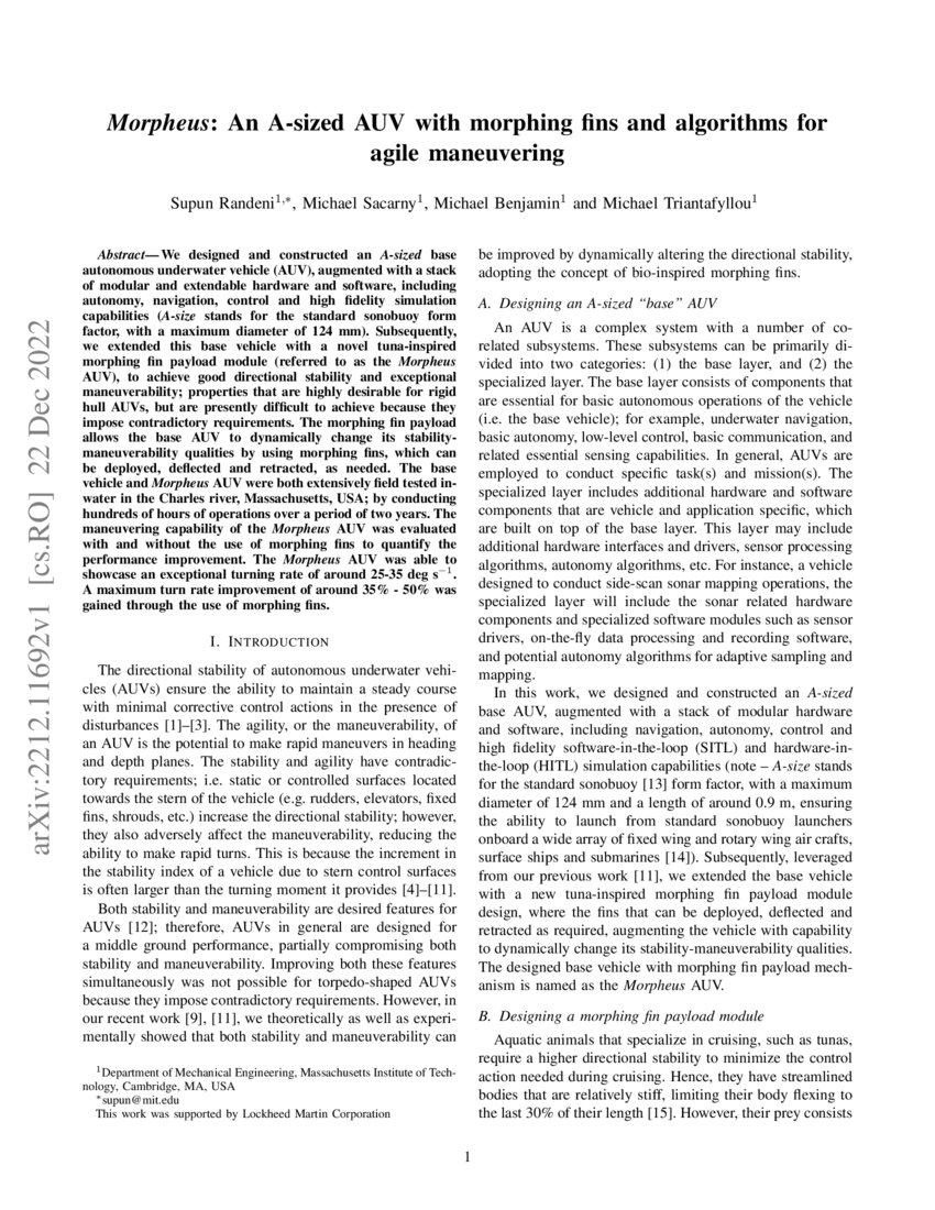 Morpheus: An A-sized AUV with morphing fins and algorithms for agile ...