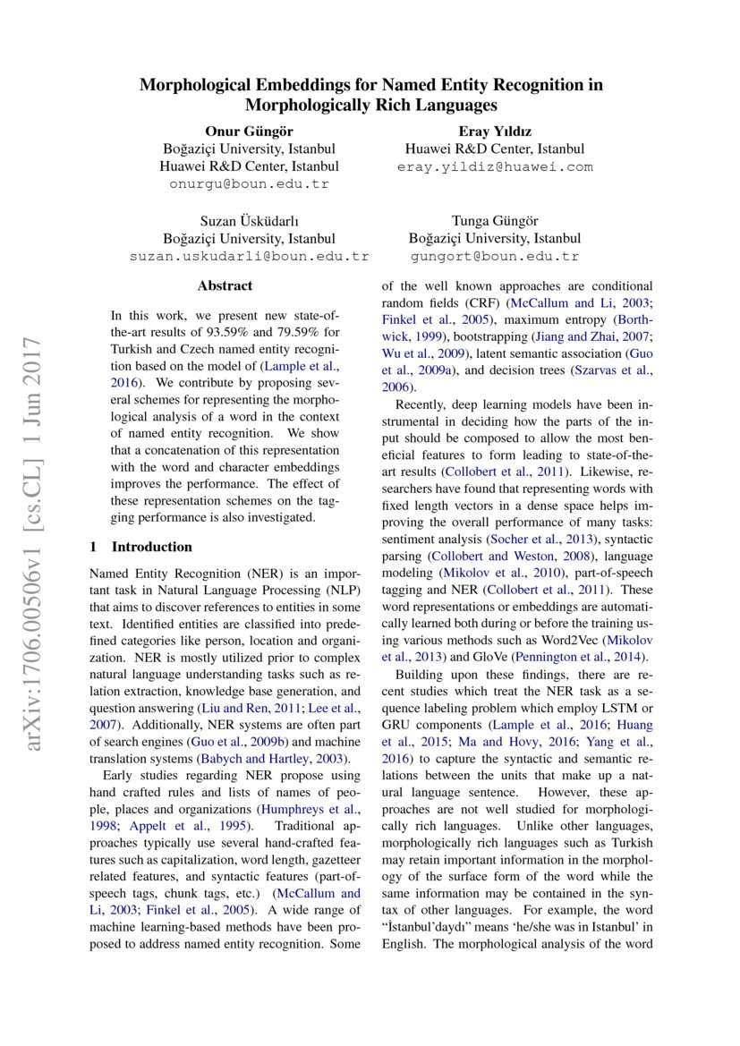 Morphological Embeddings For Named Entity Recognition In Morphologically Rich Languages Deepai