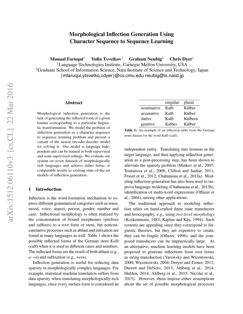 Morphological Inflection Generation Using Character Sequence To Sequence Learning Deepai 6667
