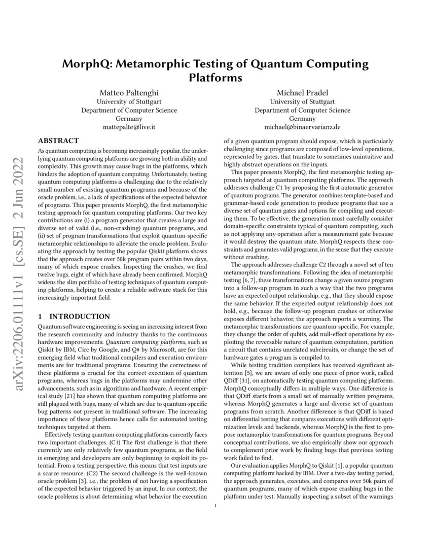 MorphQ: Metamorphic Testing of Quantum Computing Platforms | DeepAI