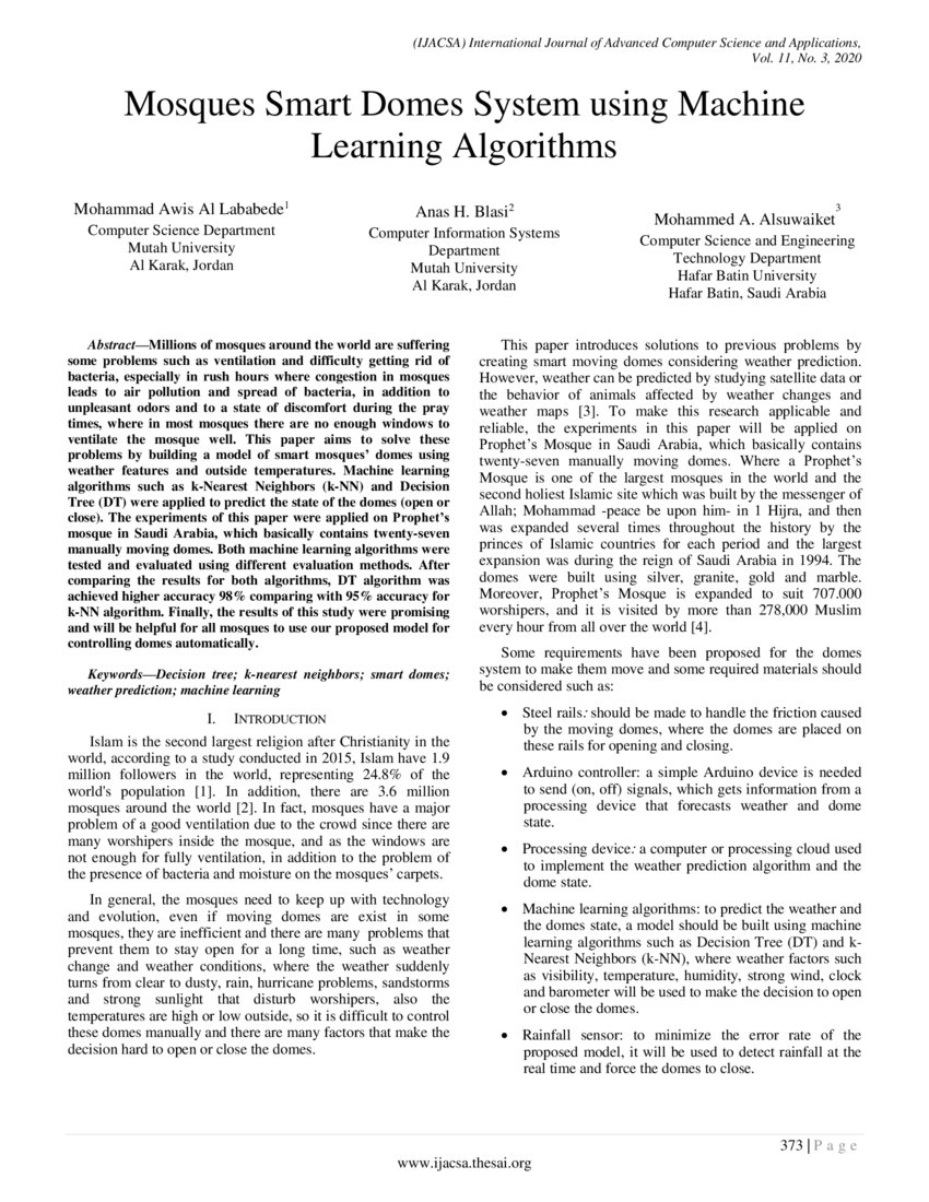 Mosques Smart Domes System using Machine Learning Algorithms | DeepAI