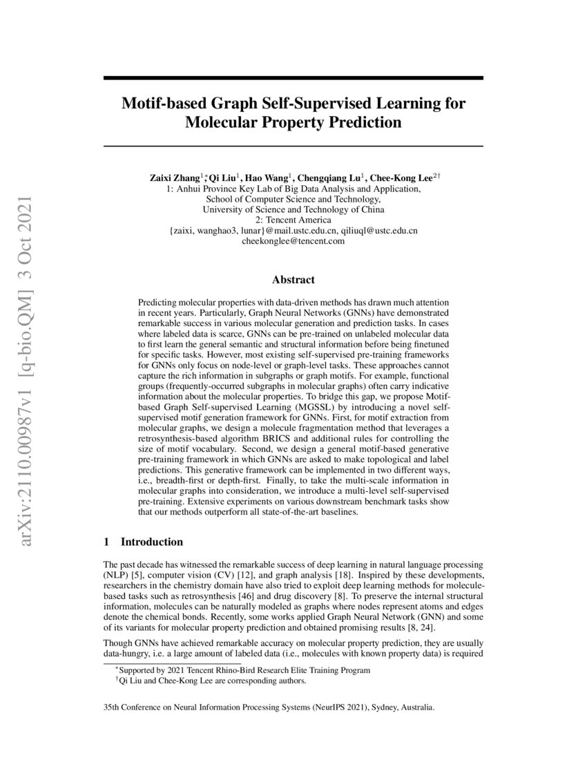Motif Based Graph Self Supervised Learning Formolecular Property Prediction Deepai 6941