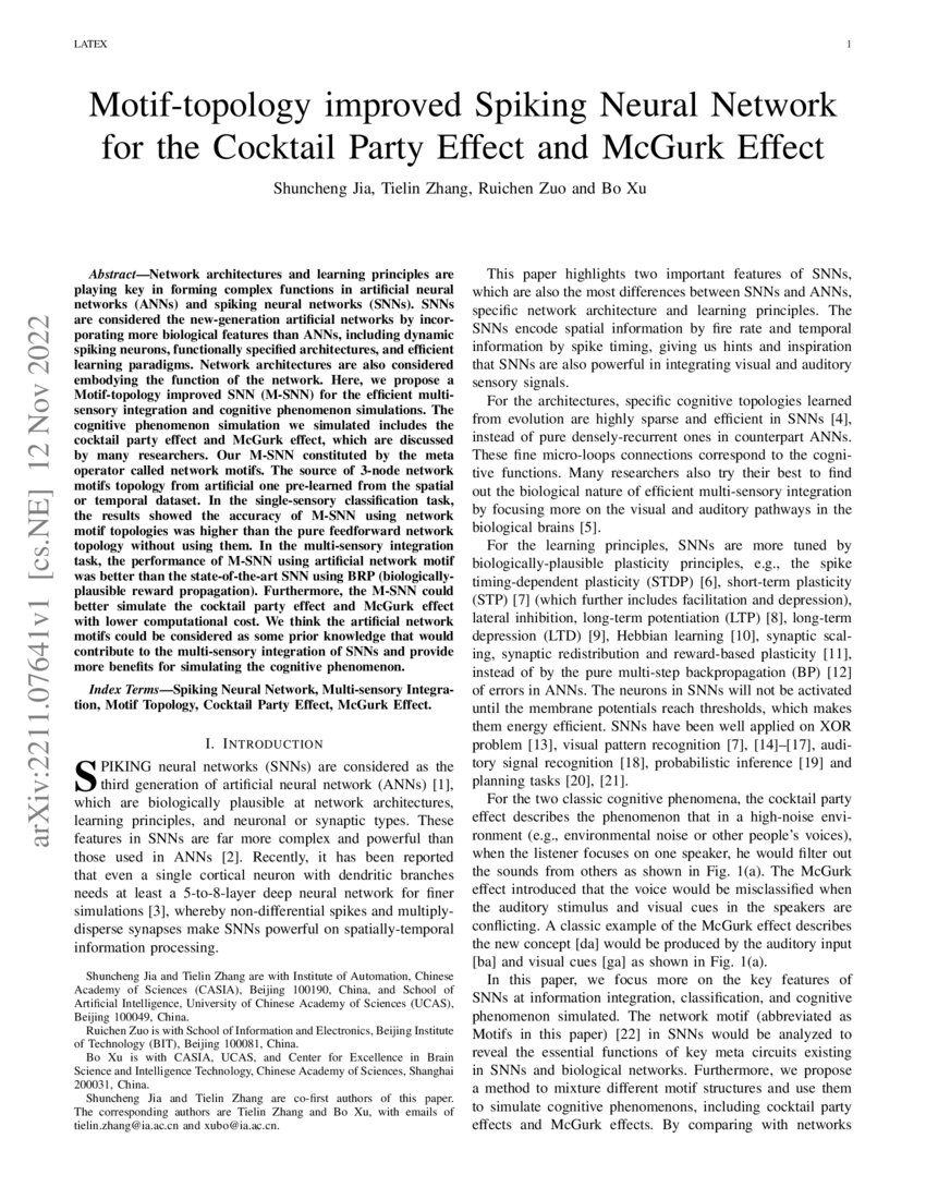 Motif-topology improved Spiking Neural Network for the Cocktail Party ...