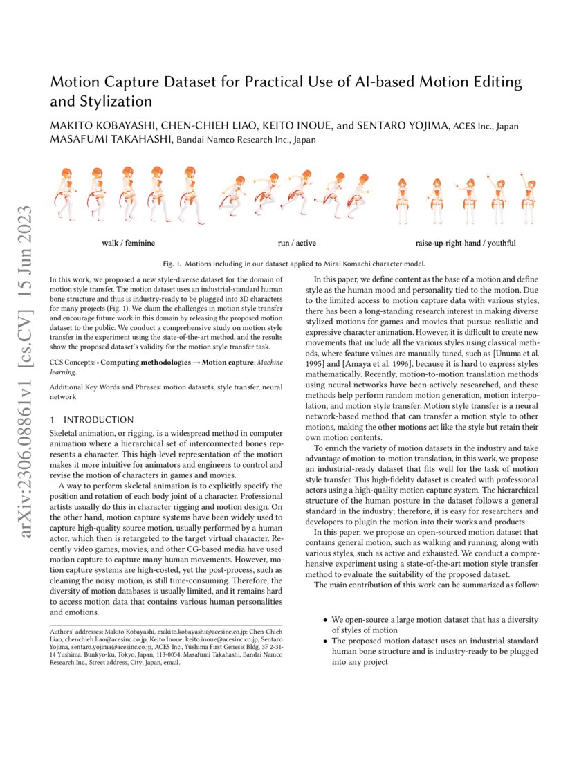 Motion Capture Dataset for Practical Use of AI-based Motion Editing and ...