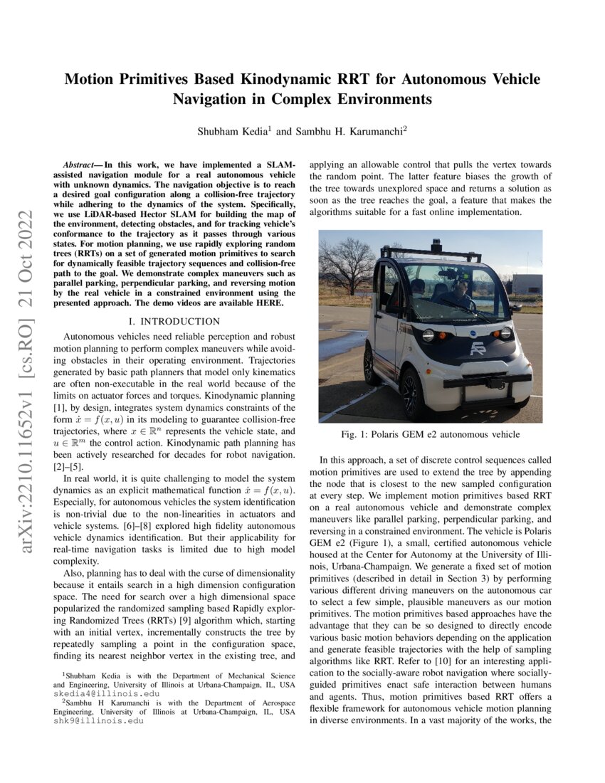 Motion Primitives Based Kinodynamic RRT for Autonomous Vehicle Navigation in Complex ...