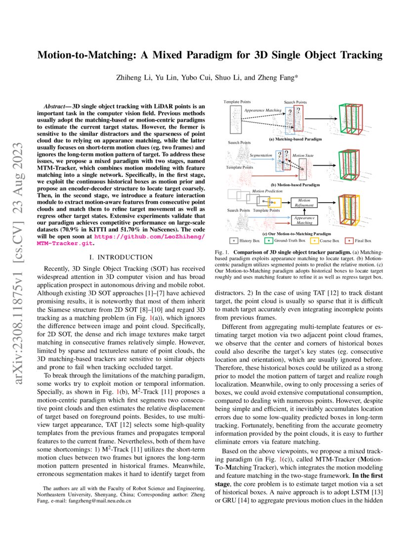 Motion To Matching A Mixed Paradigm For 3d Single Object Tracking Deepai