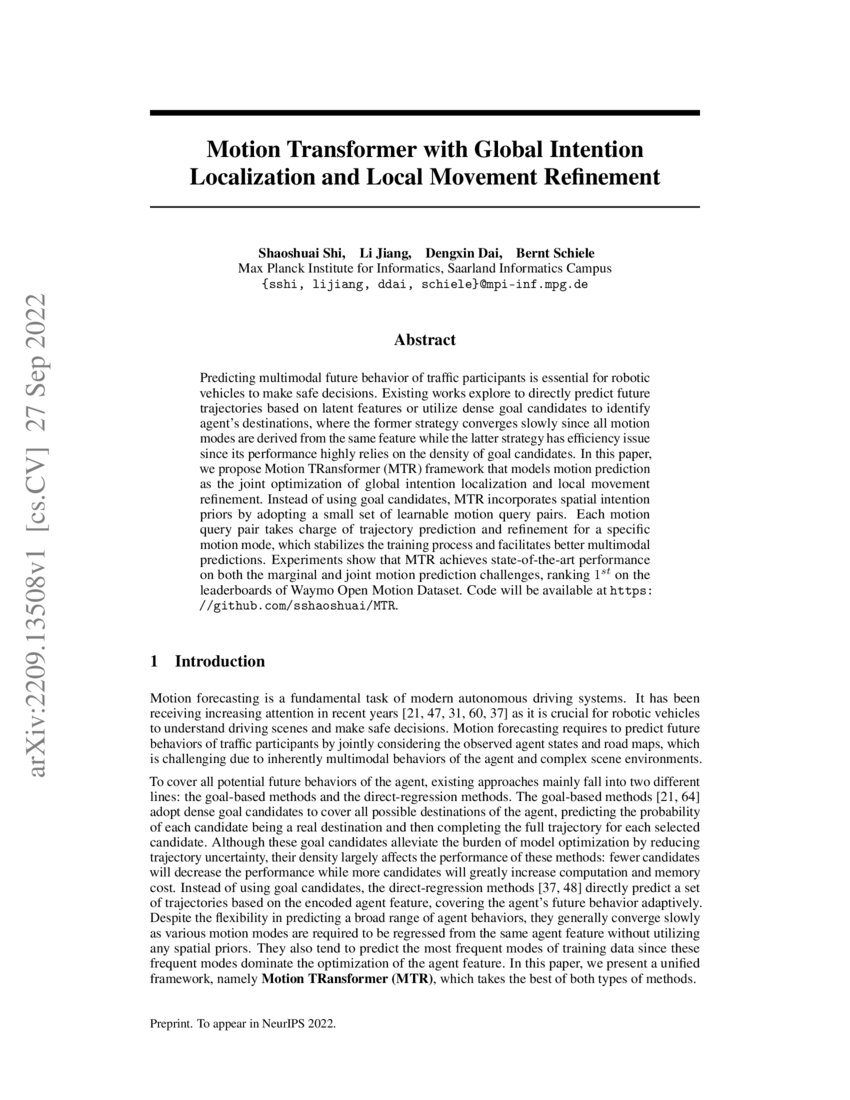 Motion Transformer With Global Intention Localization And Local Movement Refinement Deepai