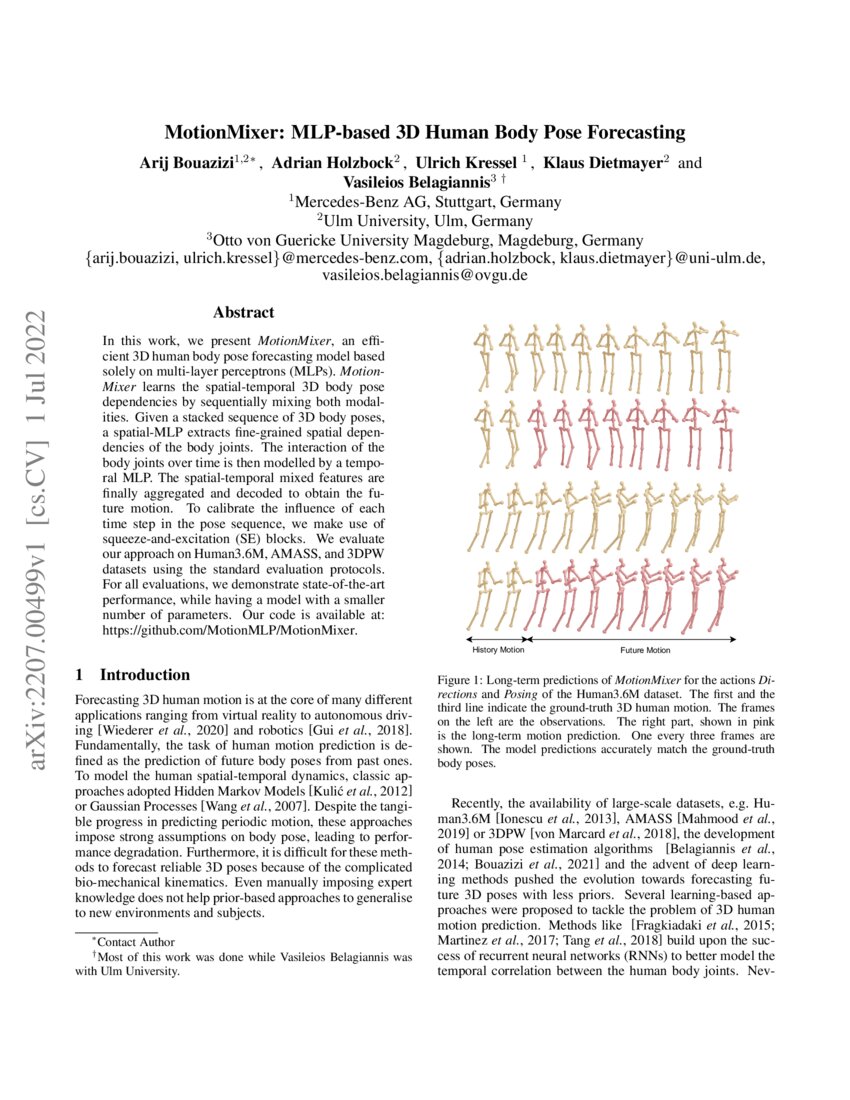 Motionmixer Mlp Based 3d Human Body Pose Forecasting Deepai