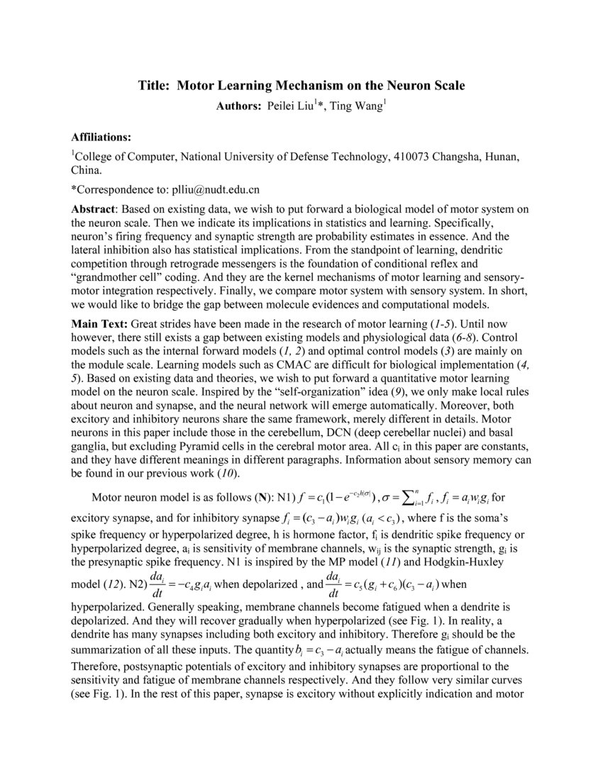 Motor Learning Mechanism on the Neuron Scale | DeepAI