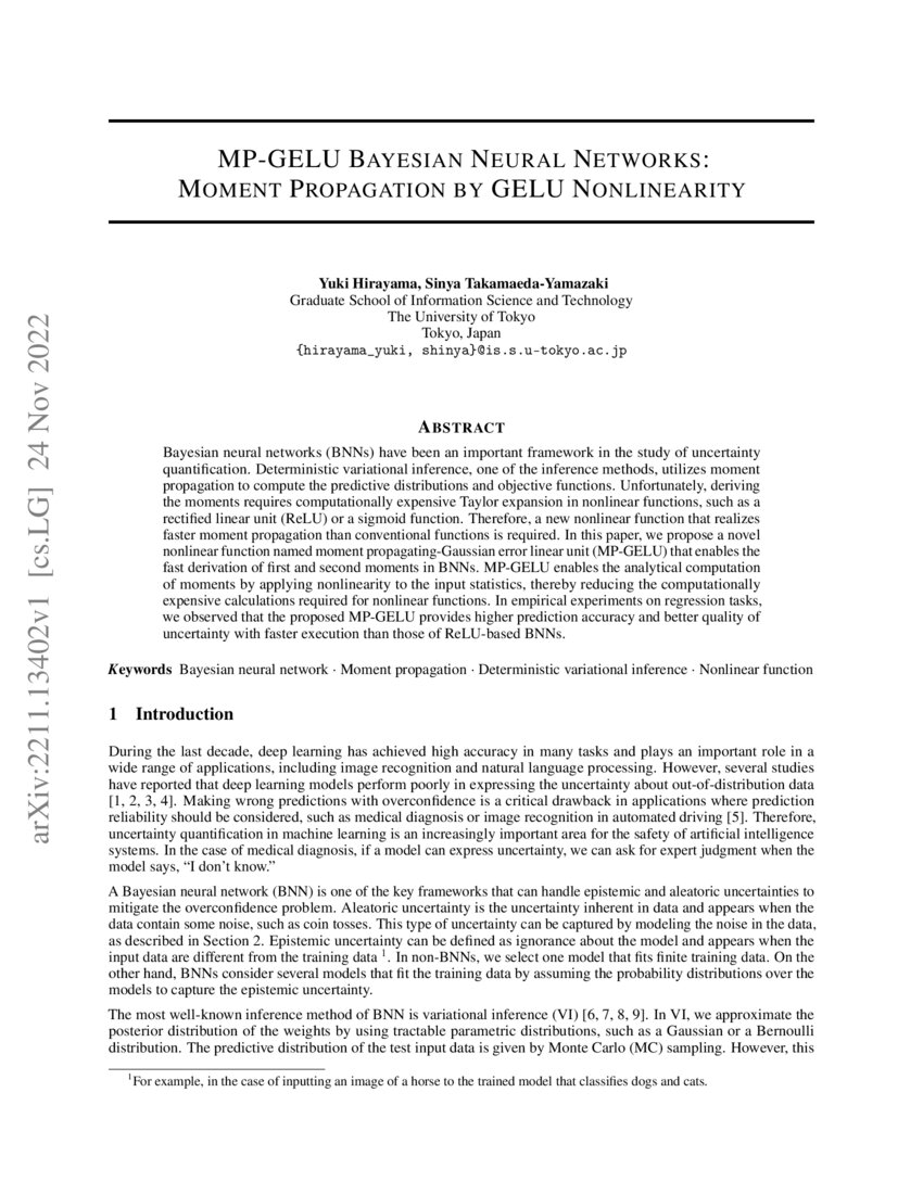 MP-GELU Bayesian Neural Networks: Moment Propagation by GELU Nonlinearity | DeepAI