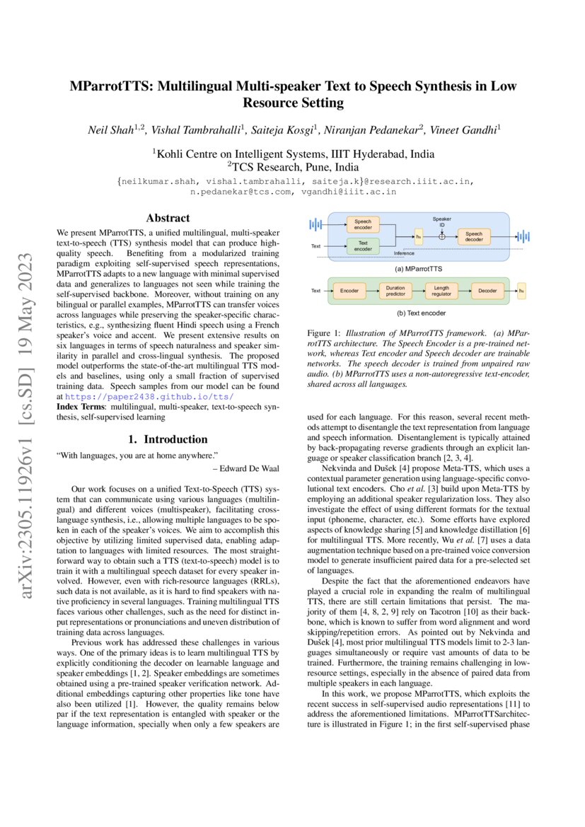 MParrotTTS: Multilingual Multi-speaker Text to Speech Synthesis in Low Resource Setting | DeepAI