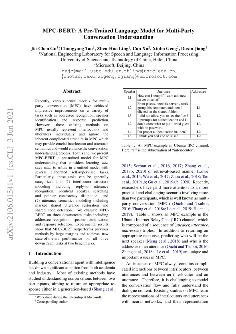 MPC-BERT: A Pre-Trained Language Model for Multi-Party Conversation Understanding | DeepAI