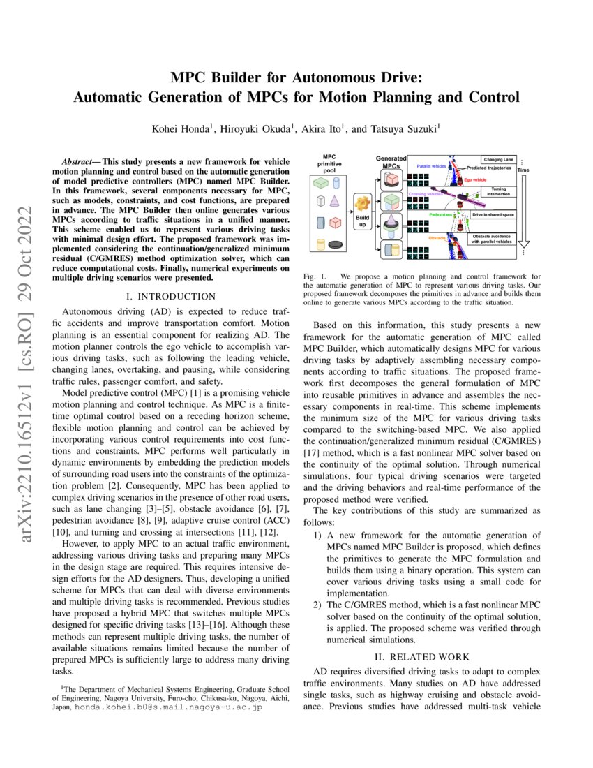 MPC Builder for Autonomous Drive: Automatic Generation of MPCs for Motion Planning and Control ...