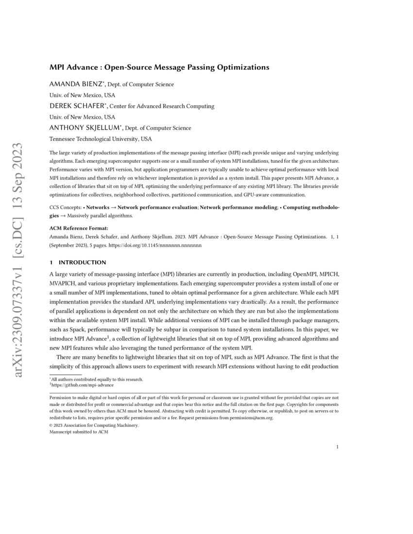 Mpi Advance Open Source Message Passing Optimizations Deepai 