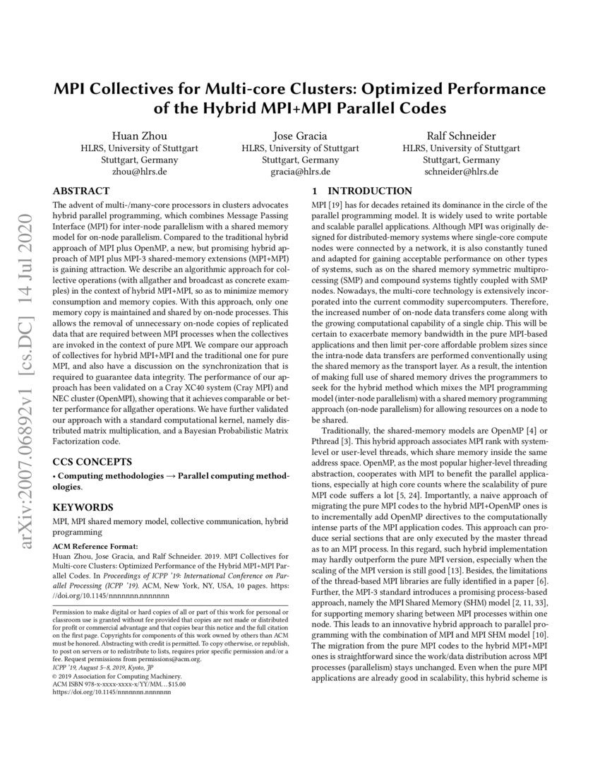 Mpi Collectives For Multi Core Clusters Optimized Performance Of The Hybrid Mpi Mpi Parallel