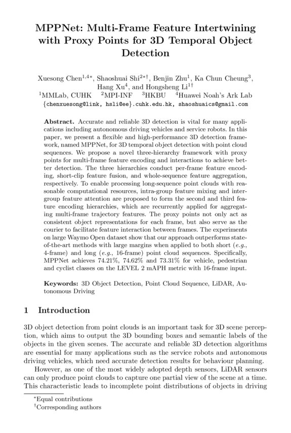 MPPNet: Multi-Frame Feature Intertwining with Proxy Points for 3D Temporal Object Detection | DeepAI