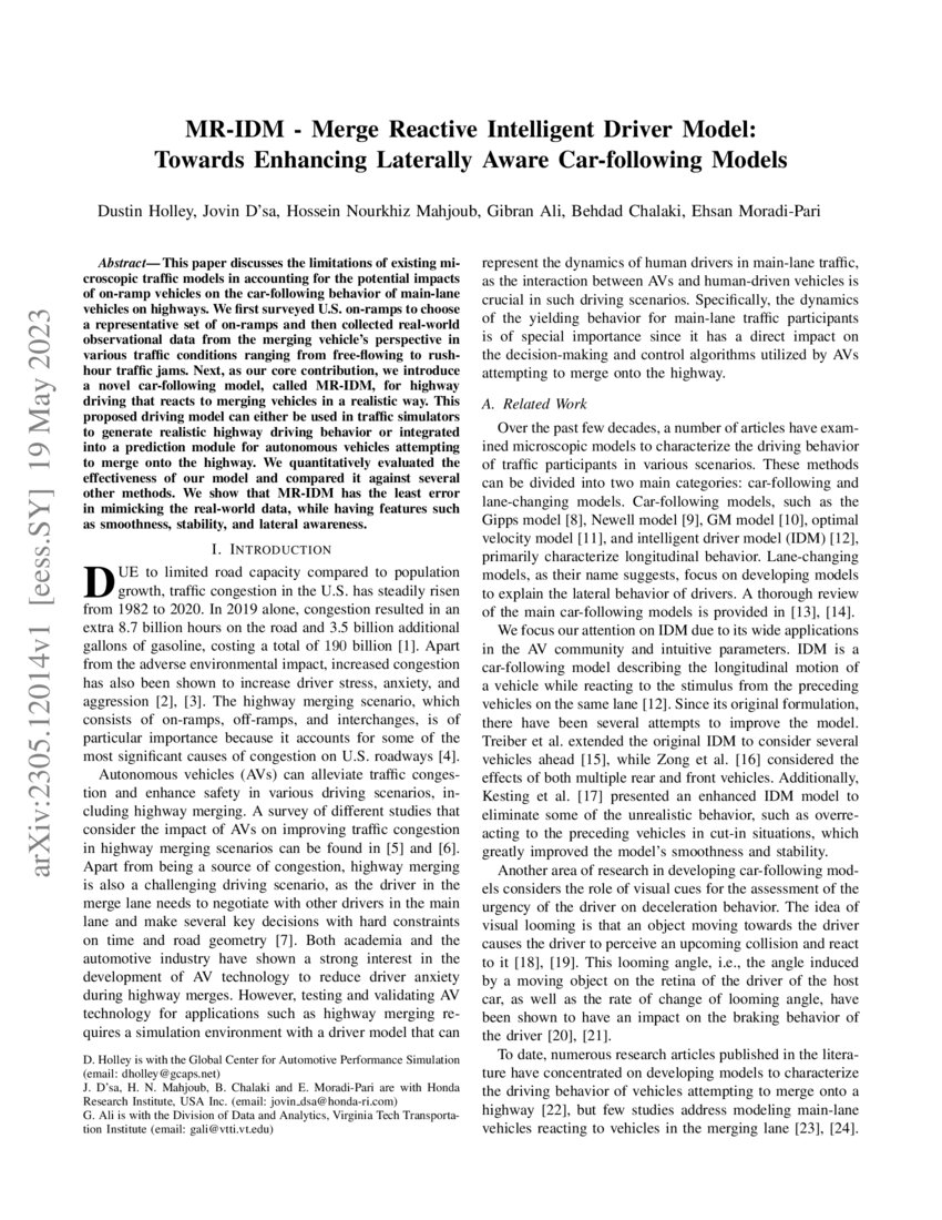 MR-IDM – Merge Reactive Intelligent Driver Model: Towards Enhancing ...