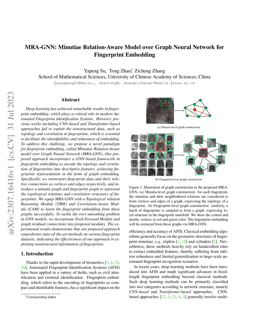 MRA-GNN: Minutiae Relation-Aware Model over Graph Neural Network for Fingerprint Embedding | DeepAI