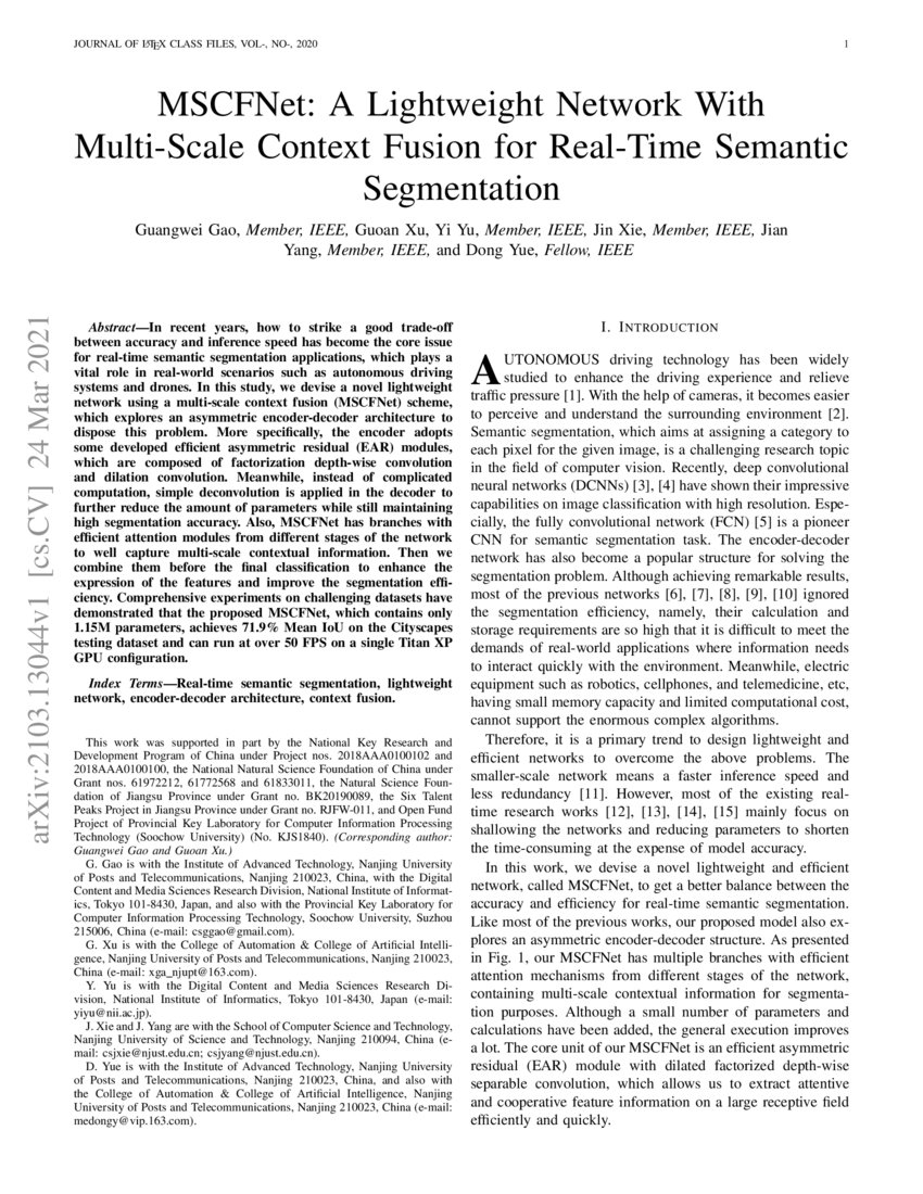 MSCFNet: A Lightweight Network With Multi-Scale Context Fusion for Real-Time Semantic ...