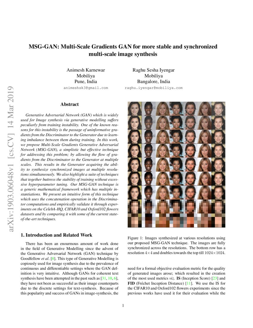 MSG-GAN: Multi-Scale Gradients GAN for more stable and synchronized multi-scale image synthesis ...
