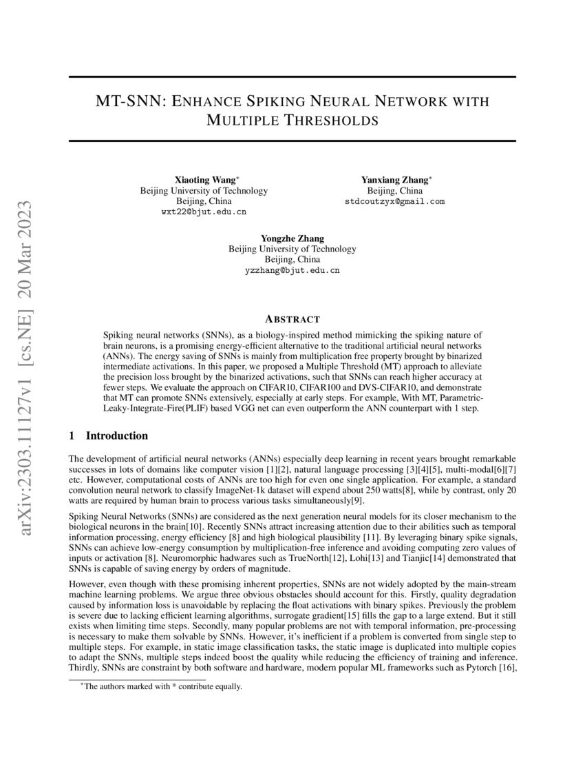 Mt Snn Enhance Spiking Neural Network With Multiple Thresholds Deepai 