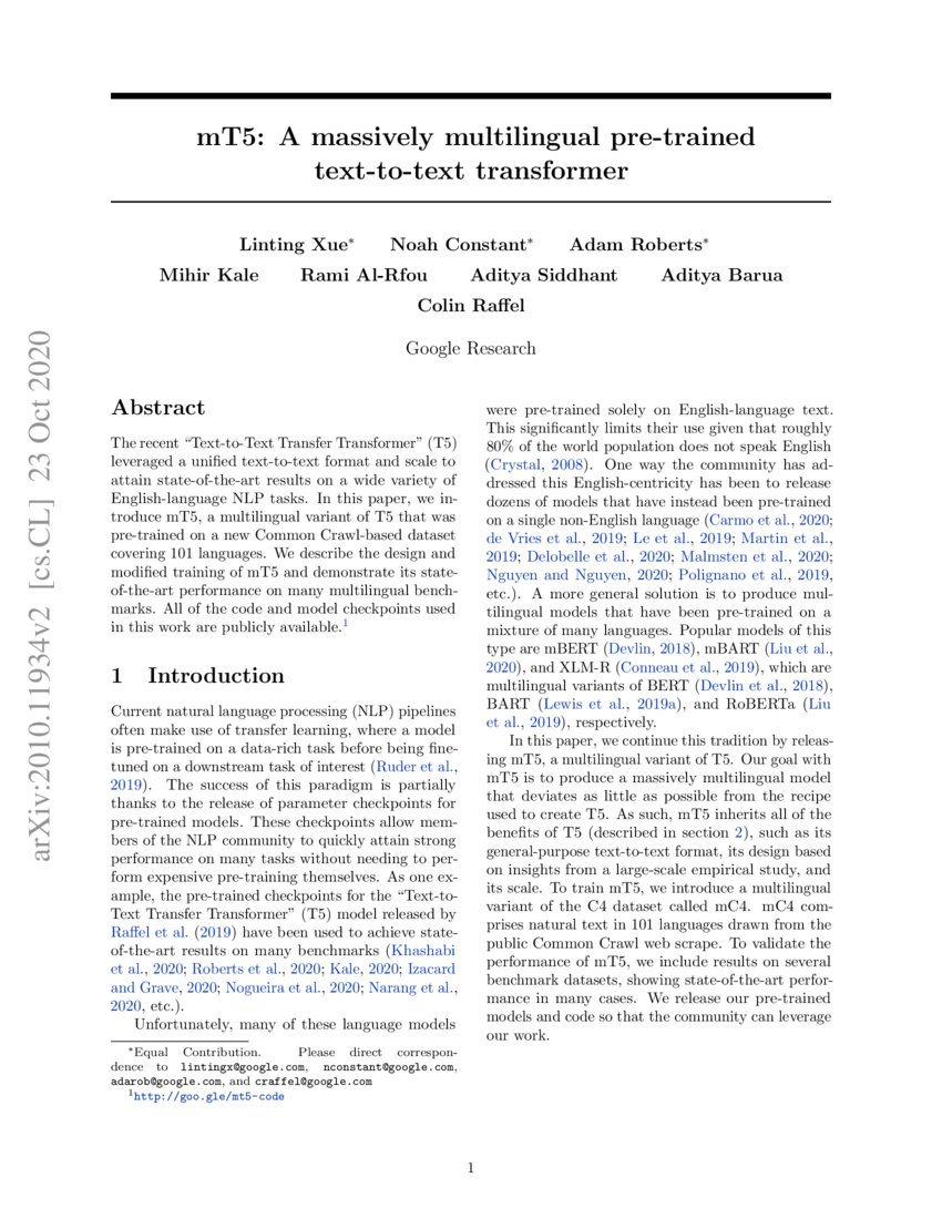 mT5: A massively multilingual pre-trained text-to-text transformer | DeepAI