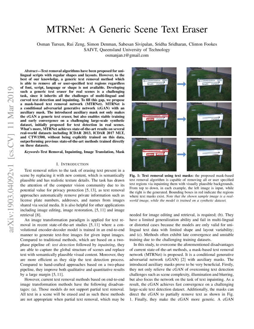 MTRNet: A Generic Scene Text Eraser | DeepAI