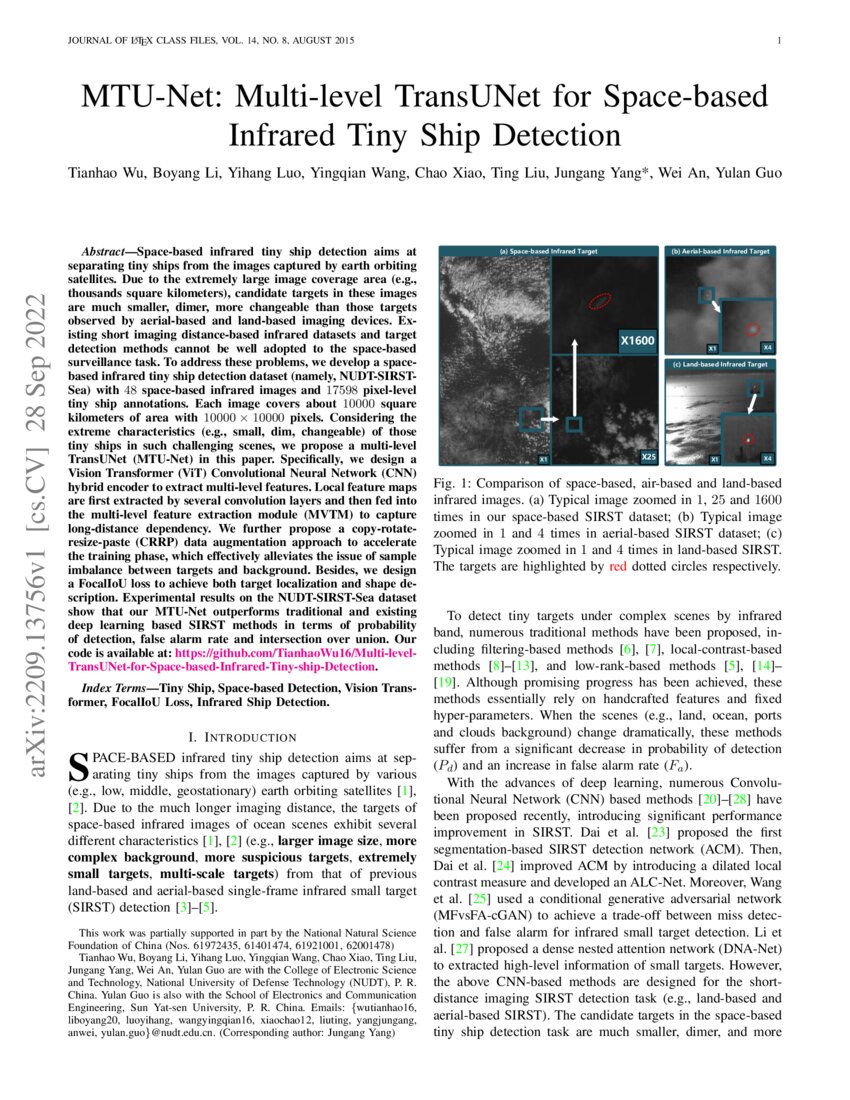 Mtu Net Multi Level Transunet For Space Based Infrared Tiny Ship