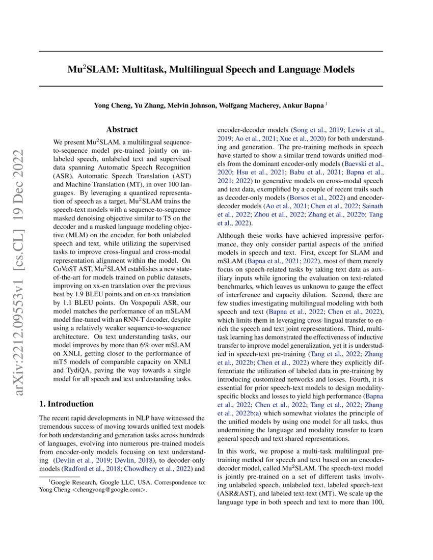 Mu^2SLAM: Multitask, Multilingual Speech and Language Models | DeepAI