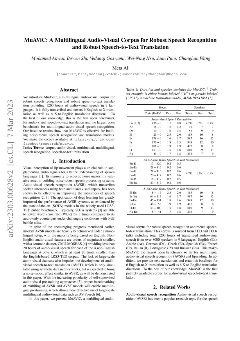Muavic A Multilingual Audio Visual Corpus For Robust Speech Recognition And Robust Speech To