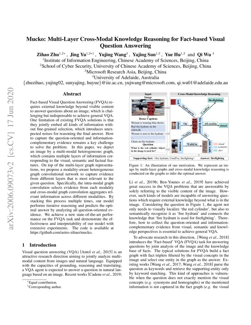 Mucko: Multi-Layer Cross-Modal Knowledge Reasoning for Fact-based Visual Question Answering | DeepAI