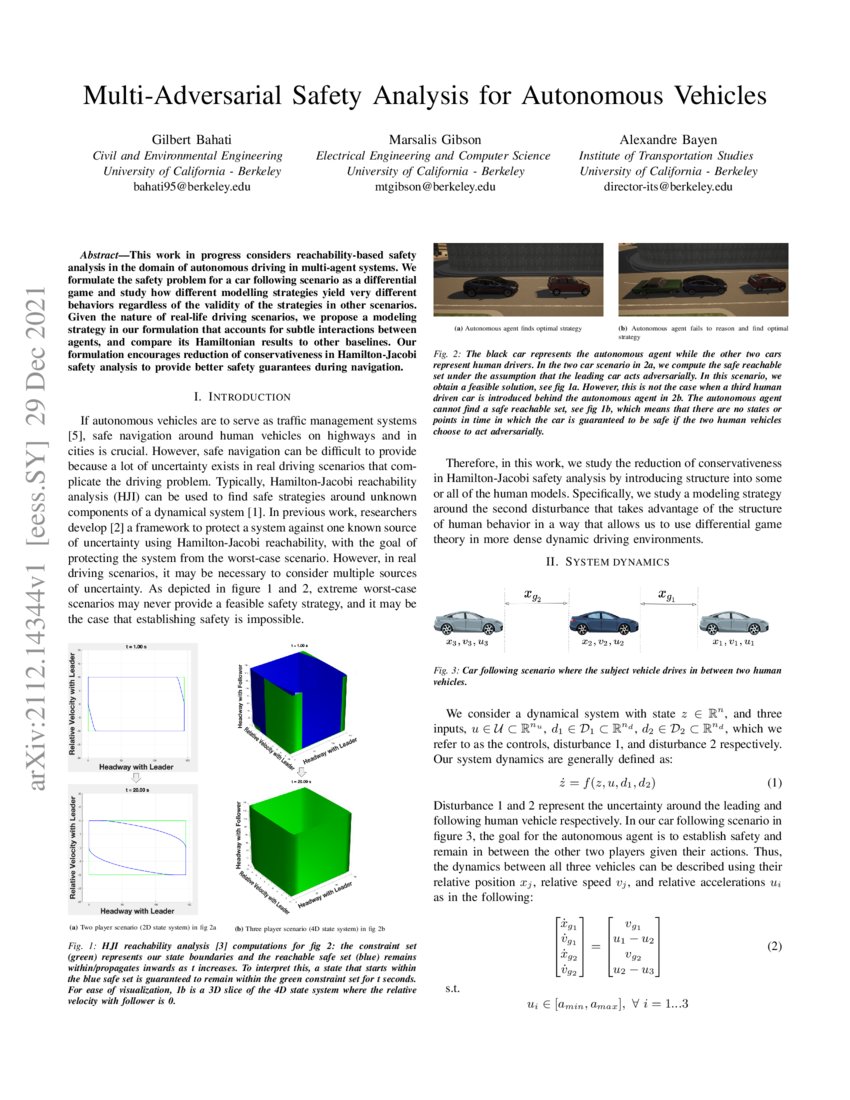 Multi-Adversarial Safety Analysis for Autonomous Vehicles | DeepAI