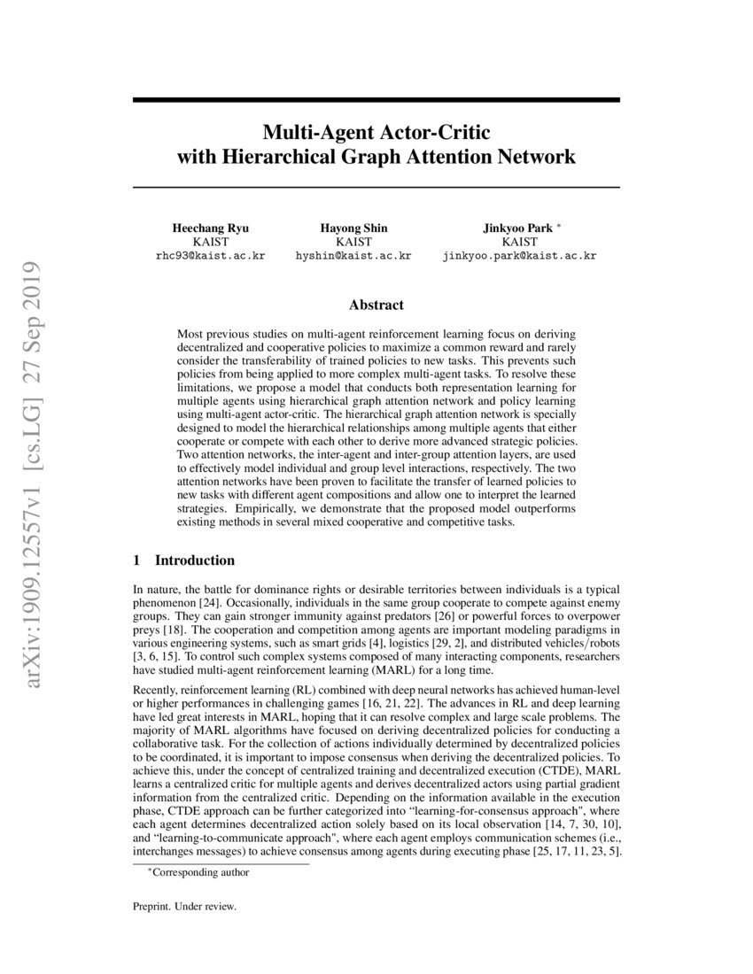 Multi Agent Actor Critic With Hierarchical Graph Attention Network Deepai