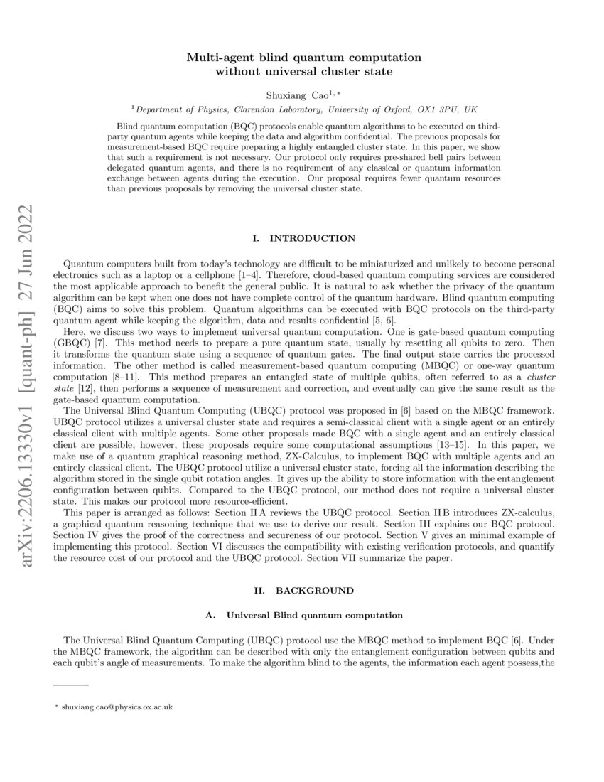 Multi Agent Blind Quantum Computation Without Universal Cluster State Deepai