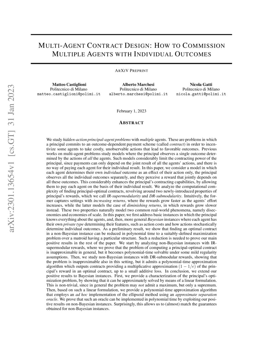 Multi-Agent Contract Design: How to Commission Multiple Agents with Individual Outcome | DeepAI