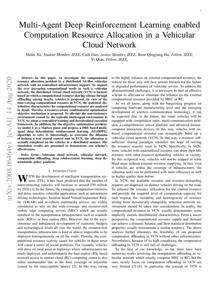Multi Agent Deep Reinforcement Learning Enabled Computation Resource Allocation In A Vehicular