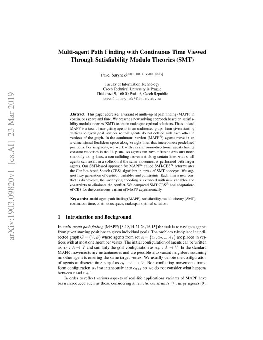 Multi-agent Path Finding with Continuous Time Viewed Through Satisfiability Modulo Theories (SMT ...