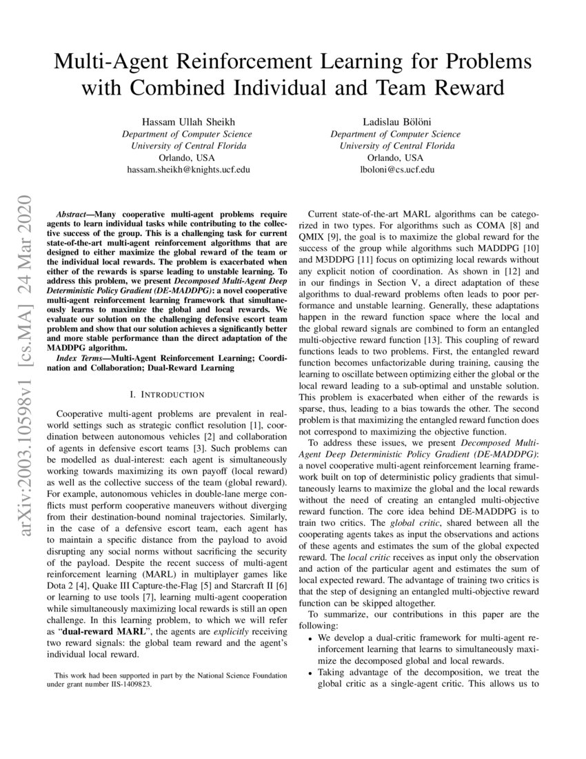 Multi-Agent Reinforcement Learning for Problems with Combined Individual and Team Reward | DeepAI