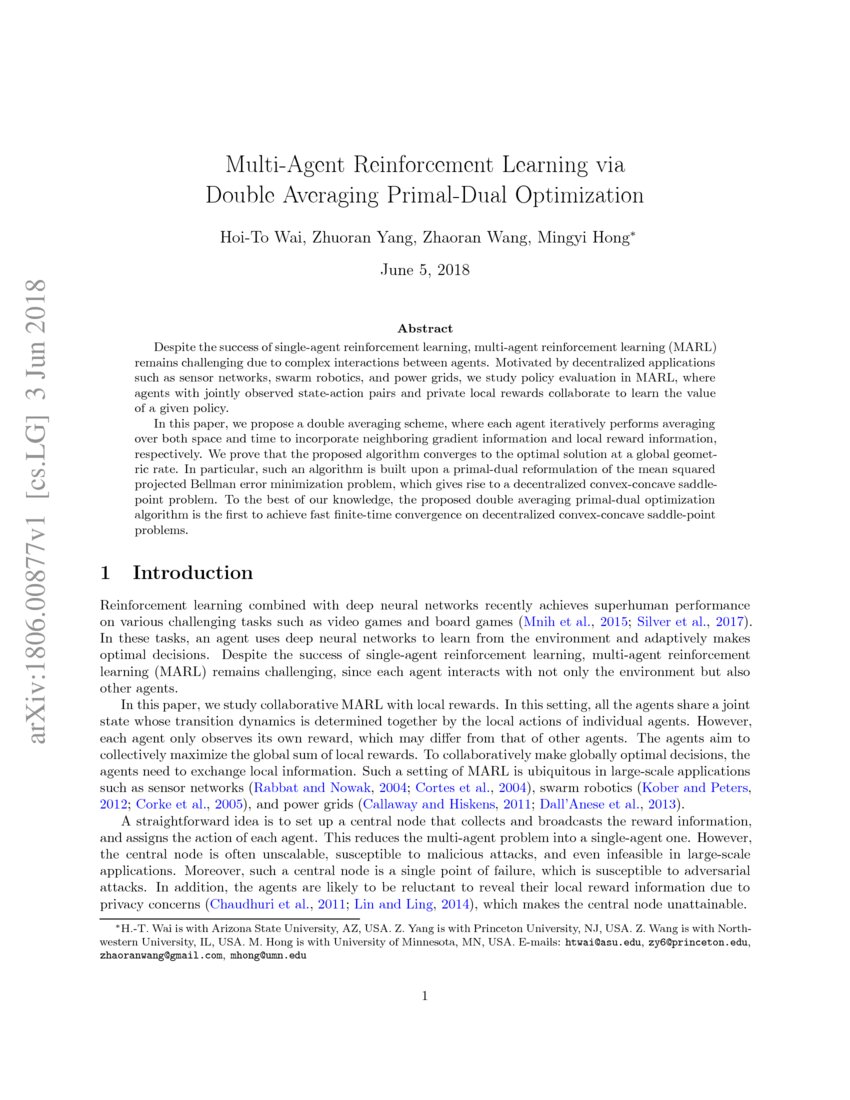 Multi Agent Reinforcement Learning Via Double Averaging Primal Dual