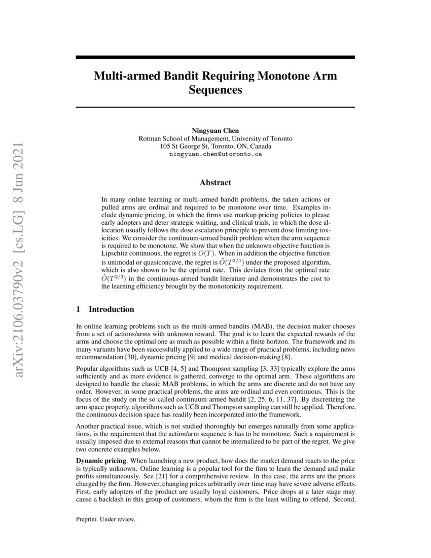Multi-armed Bandit Requiring Monotone Arm Sequences | DeepAI