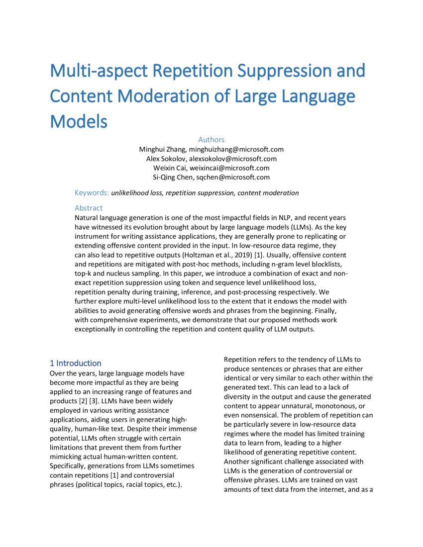Multi-aspect Repetition Suppression and Content Moderation of Large Language Models | DeepAI